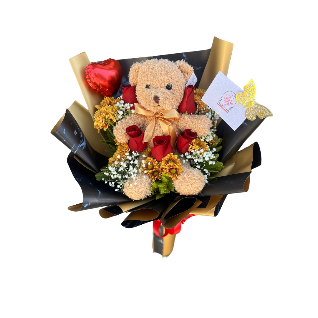 Ramo de 5 Rosas Rojas con Peluche Un Abrazo Floral - Flor y Encanto